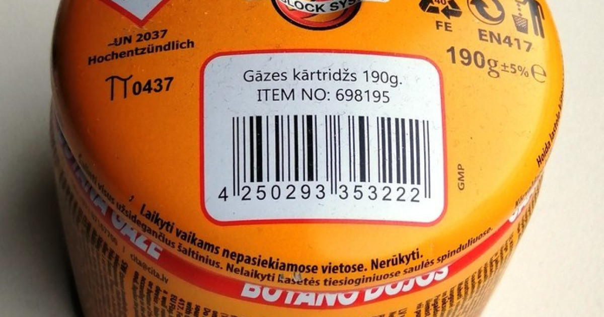 Disposable liquid gas cartridge Butane 190g, with gas stop system